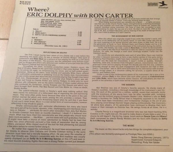 ERIC DOLPHY WITH Ron Carter - Where? (LP, Album, RE) £58.49 - PicClick UK