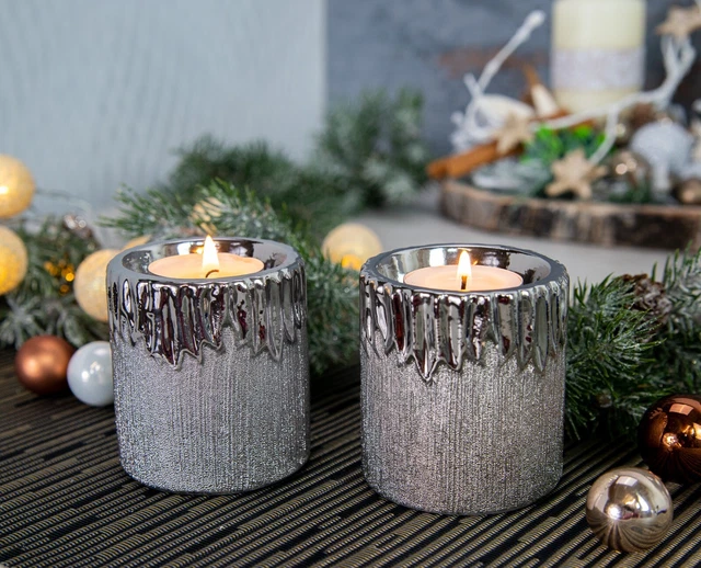 2 DEKO TEELICHTHALTER Keramik Kerze Teelicht Windlicht Set silber ...