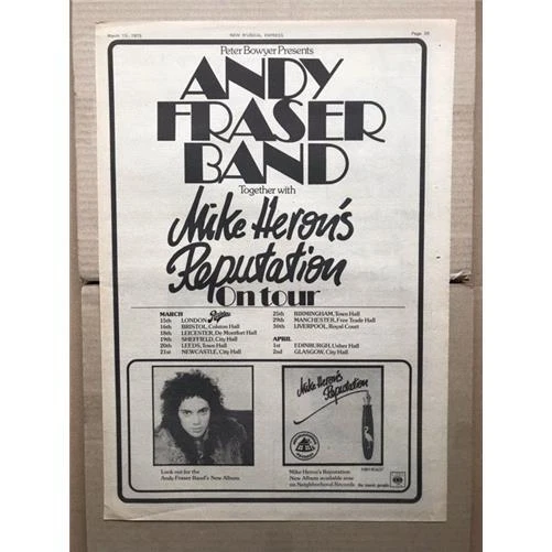 ANDY FRASER BAND ON TOUR POSTER SIZED original music press advert from ...