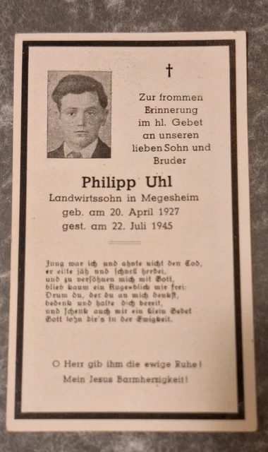 WW2 GERMAN DEATH Card Philipp Uhl July 1945 - 18 years old - POW? £3.50 ...