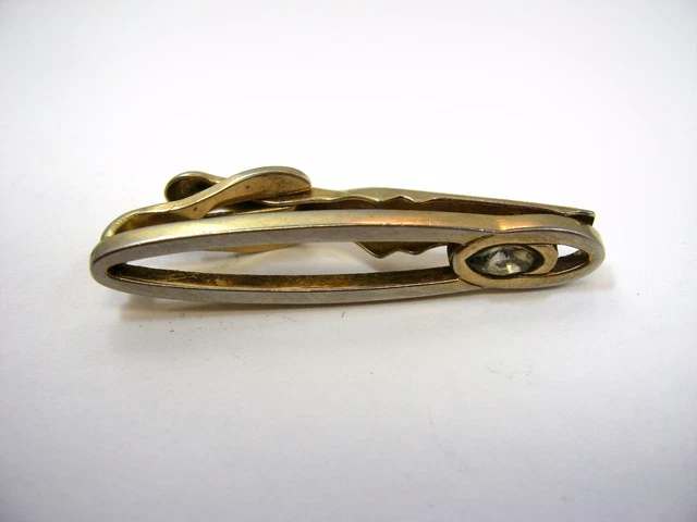 VINTAGE TIE BAR Clip: Interlocking Loop End Ovals Clear Jewel Gold Tone ...