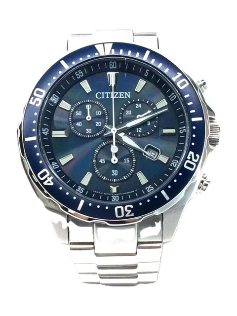 CITIZEN ECO-DRIVE DATE Chronographe St.Steel Navy Silver Quartz Montre ...