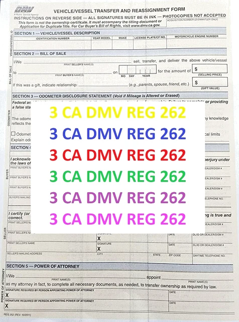 DMV REG 262 Form Pack Of 3 Vehicle / Vessel Transfer and Reassignment ...