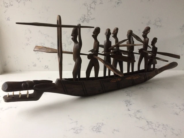 VINTAGE AFRICAN WOODEN Boat Hand Carved Tribal Dragon Men Oars ...