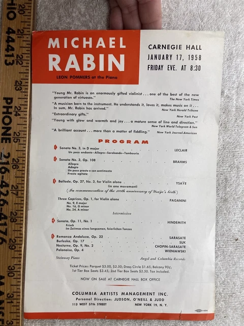 1958 MICHAEL RABIN Leon Pommers piano Carnegie Hall Program Flyer NY ...