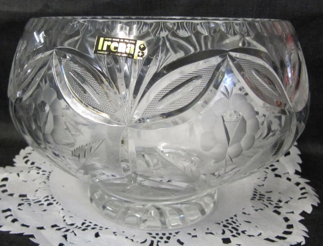IRENA CUT GLASS etched Lead Crystal Pedestal Bowl Hand Made Poland 20cm ...