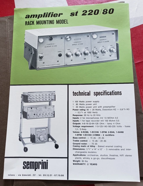 ANCIEN SEMPRINI AMPLIFICATEUR st 220/80 brochure technique EUR 12,00 ...