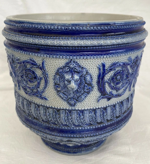 CACHE POT GRÉS d'Alsace, bleu, décor frises perlées, floral, lions, chimères EUR 80,00 - PicClick FR