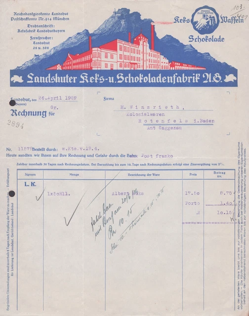 RECHNUNG LANDSHUTER KEKS und Schokoladenfabrik Landshut München Albert ...