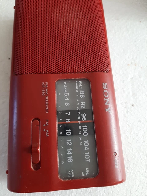 VINTAGE SONY PORTABLE Red Radio, AM FM Receiver ICF-380 Battery ...
