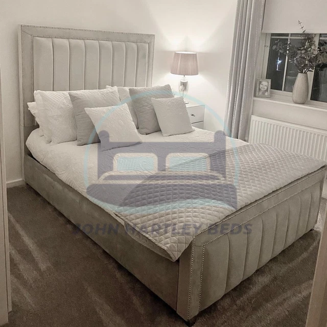 PLUSH VELVET PANEL Bumper Bar Bed Frame Beading Head&Footboard+Ottoman ...