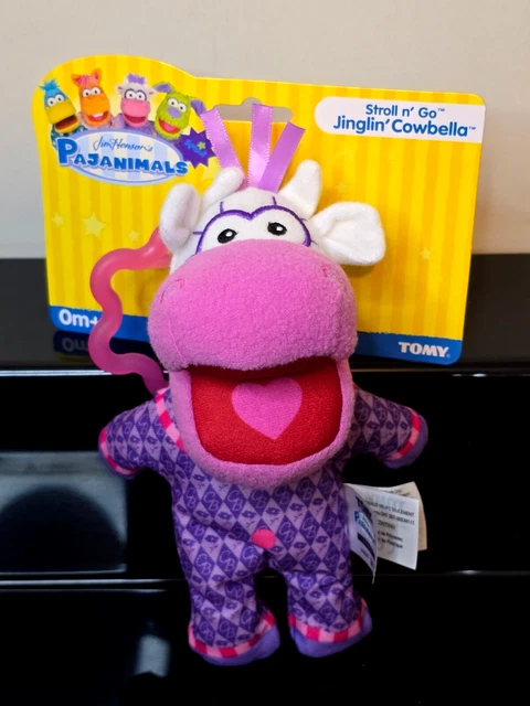TOMY JIM HENSONS pajanimals stroll n go jingle cowbella plush pram cot ...