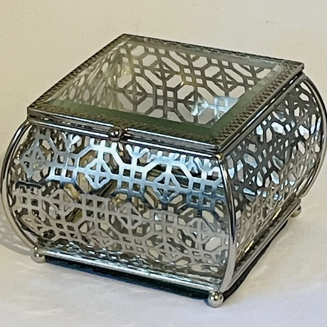 MIRRORED JEWELLERY BOX Cut Out Silver Metal Mirrored Base Square Bowed ...