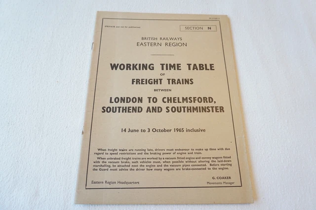 1965 EASTERN REGION Railway Working Timetable Section N Southend ...