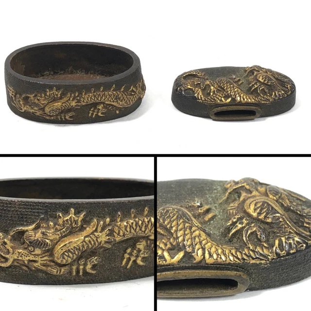 FUCHI KASHIRA DRAGON Design Inlay Izume Set Samurai Sword Tsuba Rare ...
