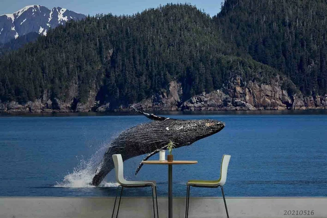 3D BLUE WHALE Jump Mountain Forest Wallpaper Wall Murals Removable ...