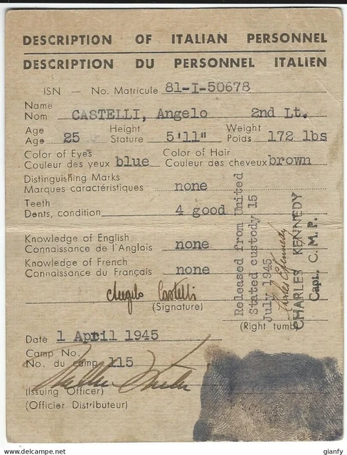 CARTA IDENTITA IDENTIFICATION Card Prigioniero Italiano Collaborante U ...
