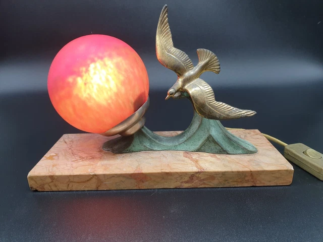 ANTIK ART DECO Tischlampe Vogel Messingguss auf Marmorsockel Art de ...