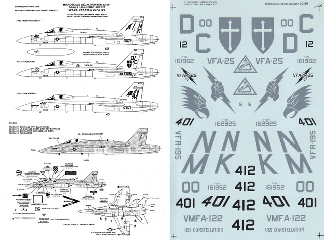 MICROSCALE DECALS 1/32 F/A-18A Hornet VFA-25 195 VMFA-122 Crusaders ...