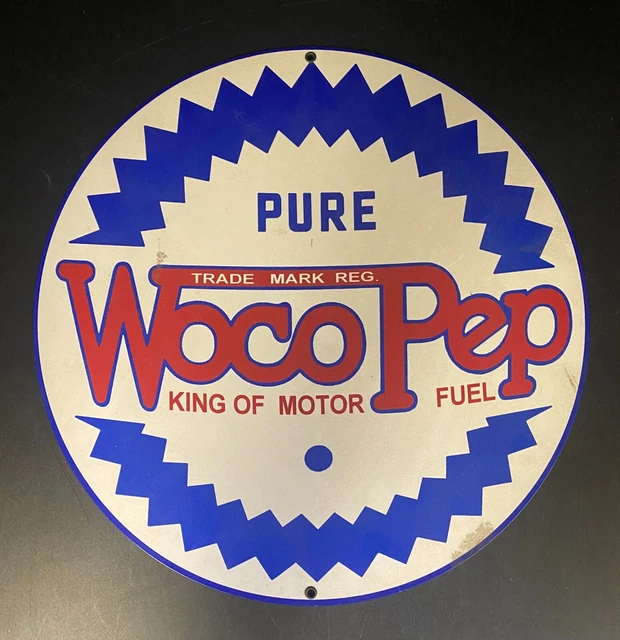 VINTAGE PURE WOCO Pep King of Motor Fuel Metal Sign $27.00 - PicClick