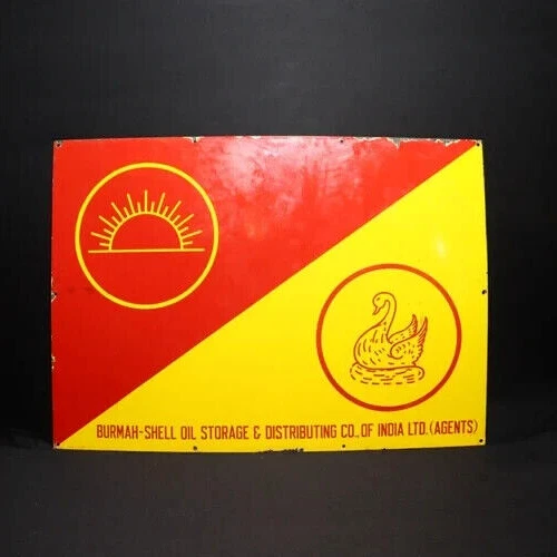 VINTAGE ANCIEN PORCELAINE Émail Signe Burmah Shell Huile Sun & Cygne ...