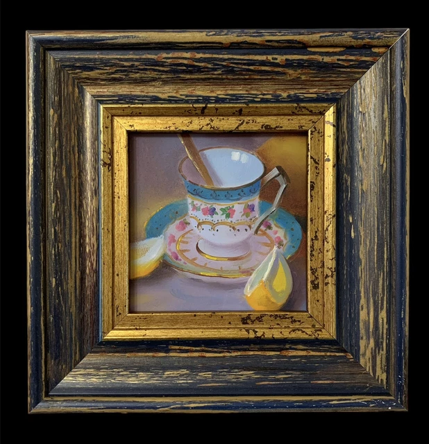 ORIGINAL MINIATURE OIL Painting Cup Of Tea & Lemon With Italian Wooden ...