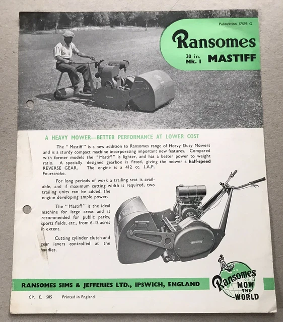 RANSOMES SIMS & Jefferies Mastiff Mower 1960s Original Sales Brochure £ ...