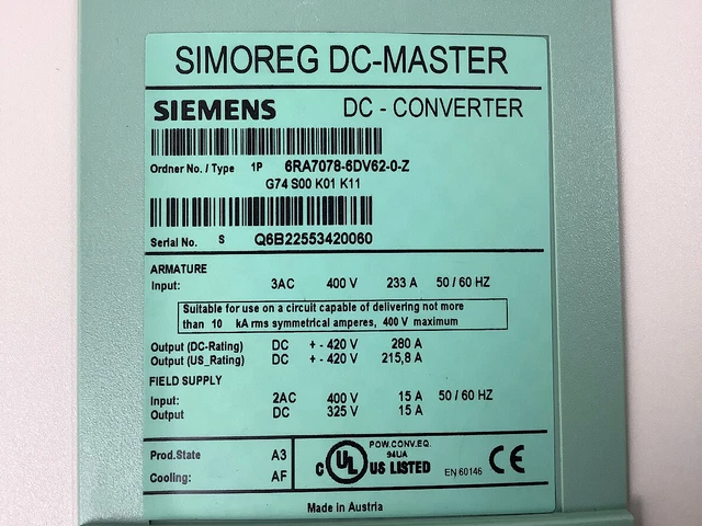 SIEMENS DC-CONVERTER SIMOREG DC-MASTER Type: 6RA7078-6DV62-0-Z, 325V DC ...