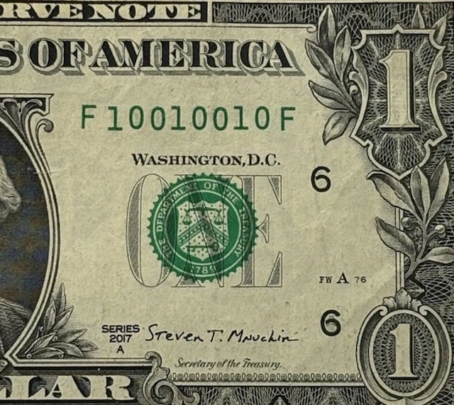 TRUE BINARY FANCY Serial Number One Dollar Bill F10010010F FW Print 1s ...