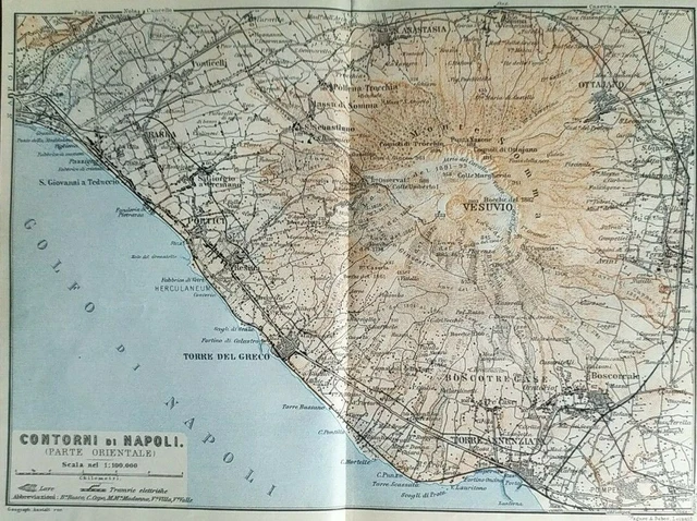 STAMPA ANTICA MAPPA Napoli Vesuvio Portici Torre del Greco Pompei ...