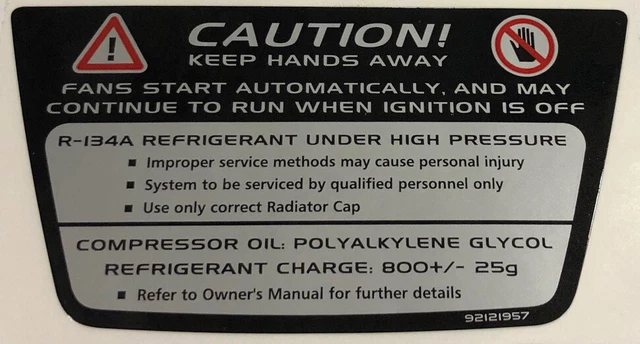 PONTIAC GTO RADIATOR Shroud Refrigerant Coolant R-134A Decal Sticker GM ...