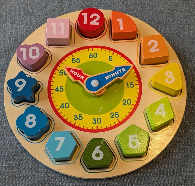 WOODEN SHAPE SORTING Clock Toy with Numbers & Shapes Teaching Time ...