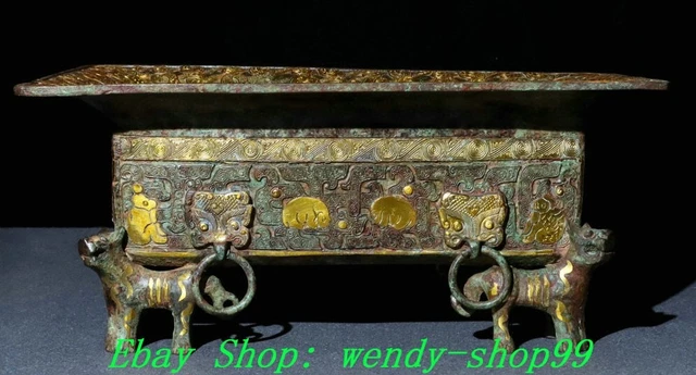 13& OLD CHINESE Han Dynasty Bronze Ware Gold Palace Dragon Beast Tray ...