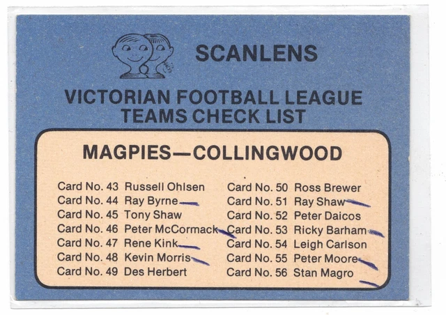 SCANLENS 1981 VFL Footy Card Collingwood Checklist Logo Emblem Not ...