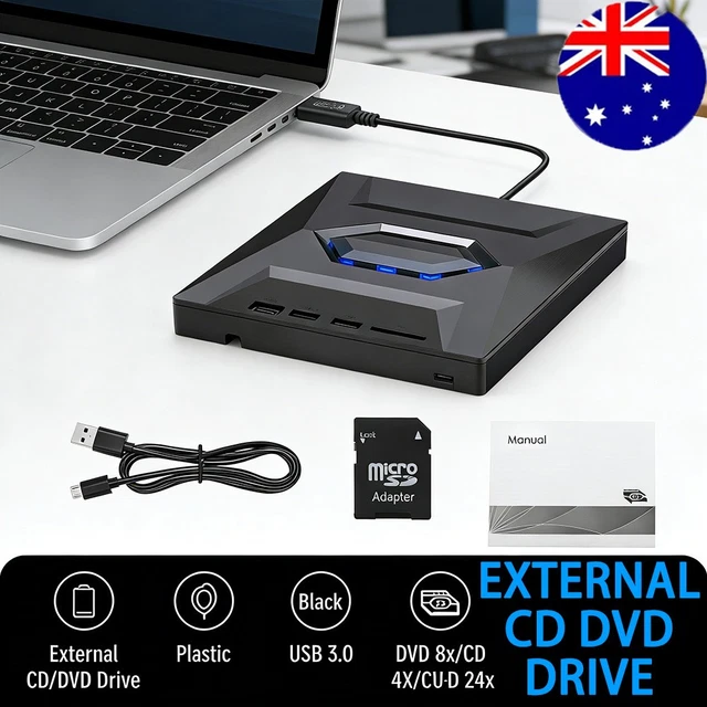 EXTERNAL CD DVD Writer Burner Player USB 3.0 for Windows 11 10 PC ...