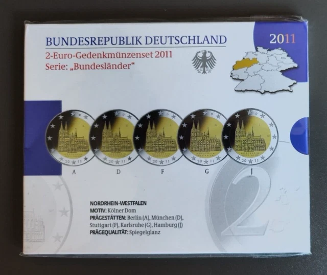 BRD 2011 - 2 Euro Gedenkmünzenset Serie "Bundesländer" Spiegelglanz ADFGJ - NRW EUR 19,00 ...