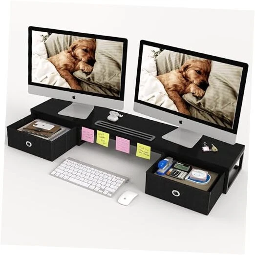 DUAL MONITOR STAND Riser with 2 Drawers - 39Inch Large Storage Computer ...