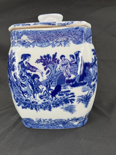 VICTORIA WARE IRONSTONE Flow Blue And White Cookie Jar / Biscuit Jar 9. ...