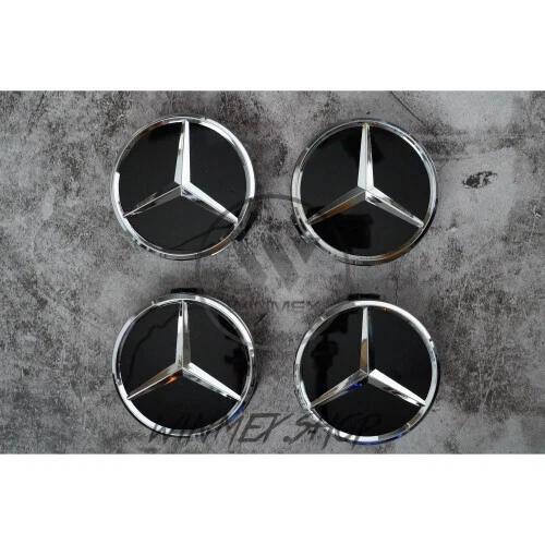 MERCEDES BENZ ALLOY Wheel Centre Caps Black, Red Badges AMG A B C E S ...