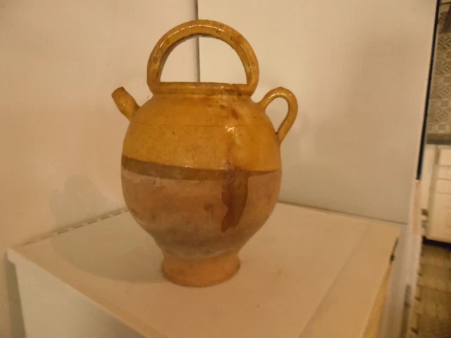 GRANDE CRUCHE CHEVRETTE Ancienne en Terre Cuite Vernissée Jaune du sud ...