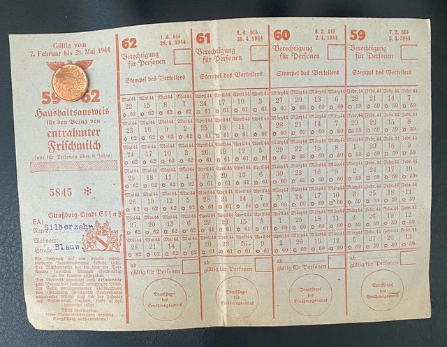 CARTE DE RATIONNEMENT WW2 Strasbourg Époque Allemande Février 1944 ...