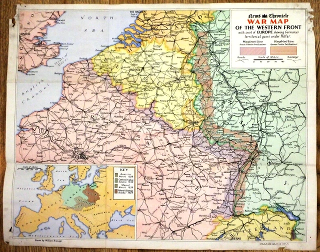 NEWS CHRONICLE WAR Map of the Western Front Europe Showing gains by ...