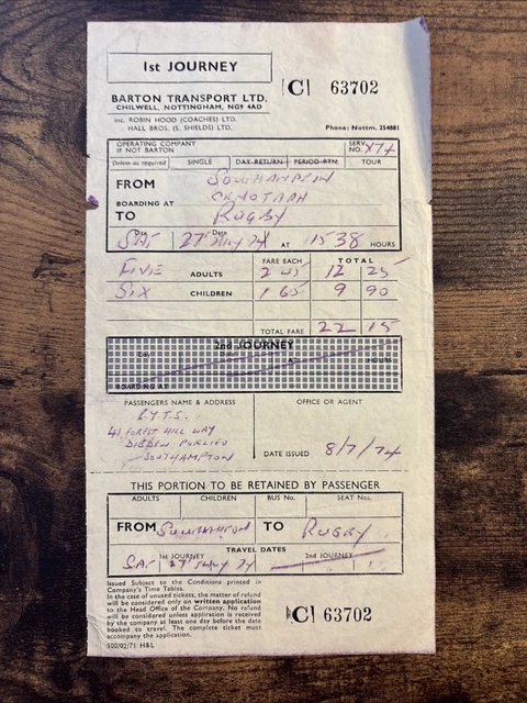 BARTON NOTTINGHAM - Southampton To Rugby Transport Bus Ticket C20 £4.99 ...