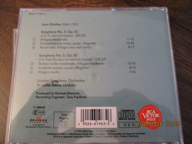 SIBELIUS SYMPHONIES 3 and 5 LSO Sir Colin Davis RCA CD £5.44 - PicClick UK