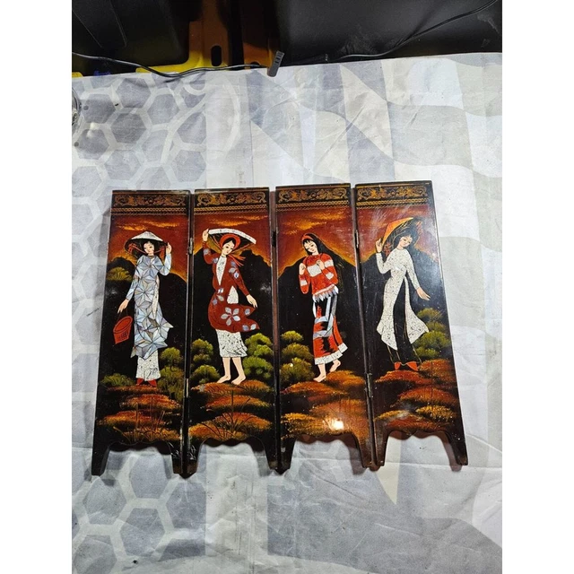 SMALL VIETNAMESE LACQUER wood screen table divider abalone inlay Giesha ...