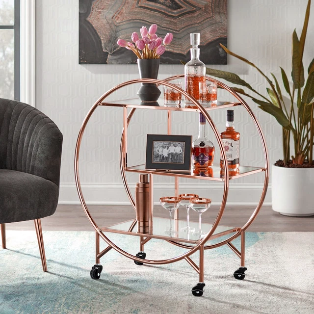 ROSE GOLD METAL Glass Drinks Trolley 3 Tier Wine Glasses Serving ...
