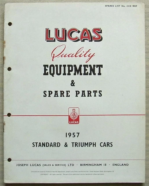 LUCAS STANDARD & TRIUMPH Spare Parts List 1957 #CCE902F Ensign TR3 ...