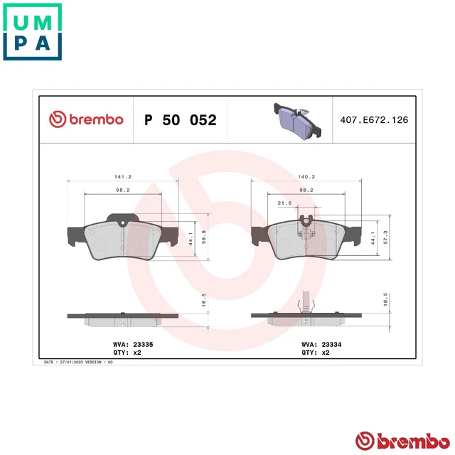 BRAKE PAD SET Disc Brake P 50 052 For Mercedes-Benz Cl-Class Slk E ...