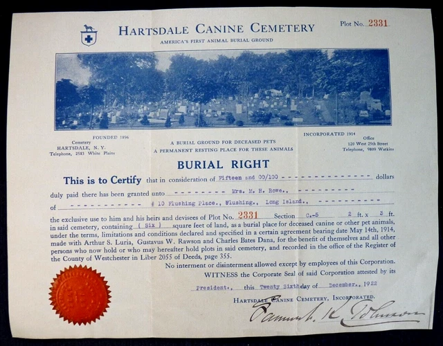 ANTIQUE RARE HARTSDALE Canine Cemetery Plot Certificate 1922 New York ...