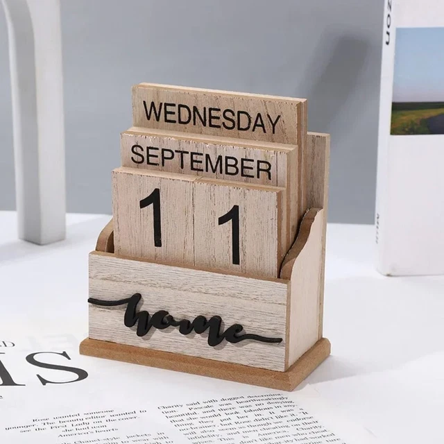 WOODEN PERPETUAL DESK Calendar Countdown Card Display Desktop Decor ...